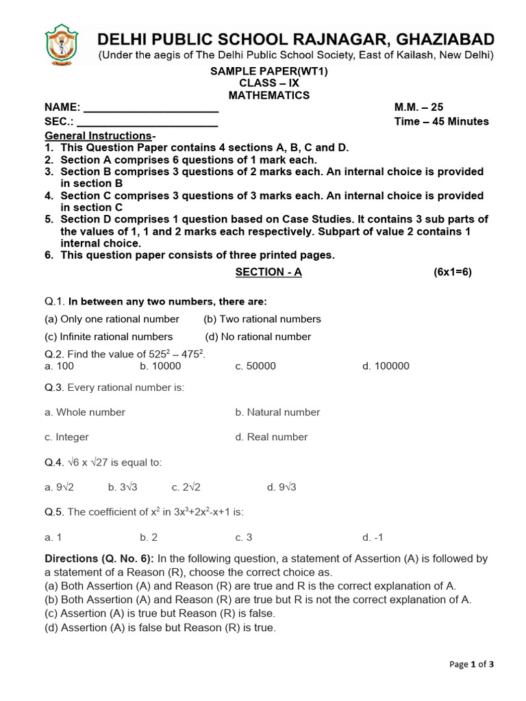 Sample Paper WT1 IX MATH | PDF | Numbers | Rational Number