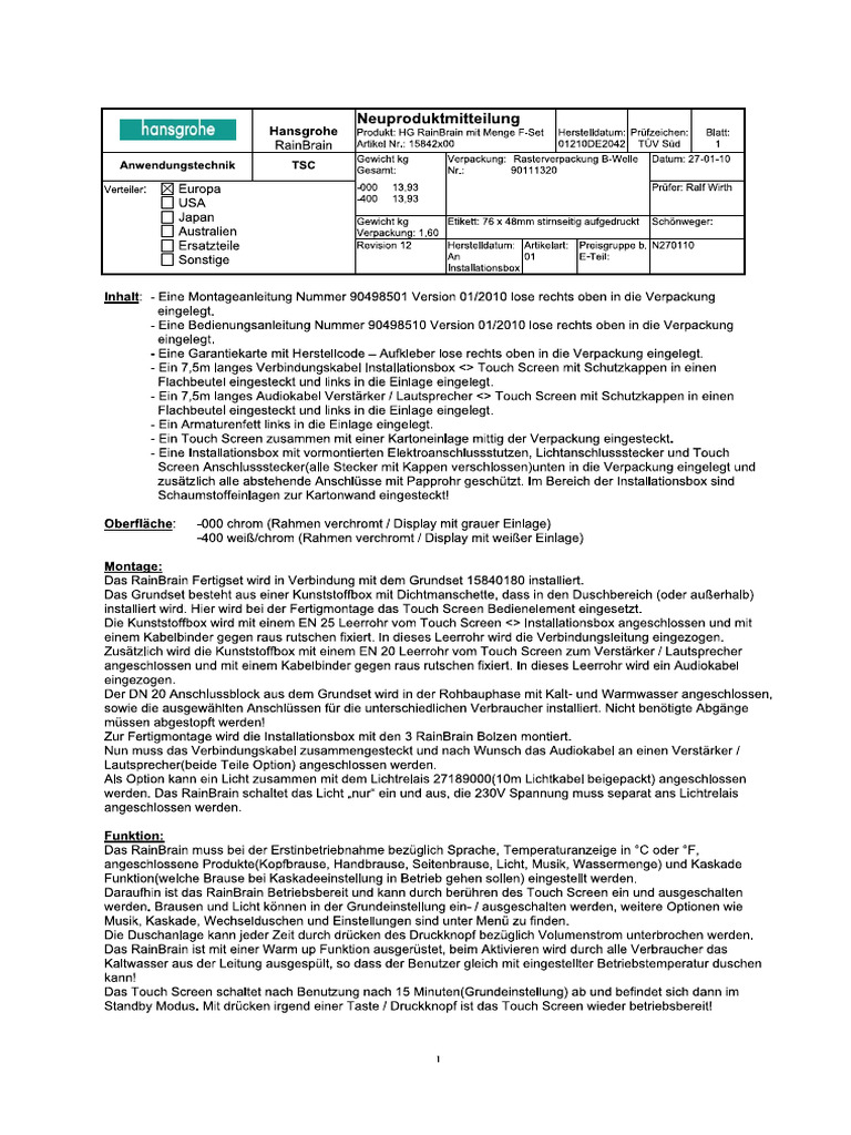 15842000N270110 HG RainBrain Mit Mengenventil F-Set | PDF