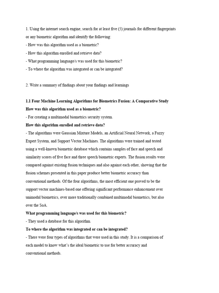 Machine Learning Algorithms For Biometrics Fusion | Download Free PDF | Biometrics | Fingerprint