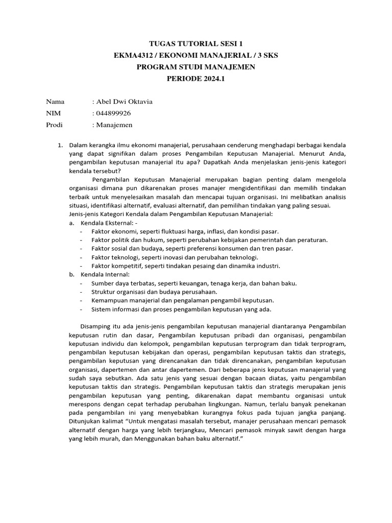 Tugas 1 Ekonomi Manajerial | PDF