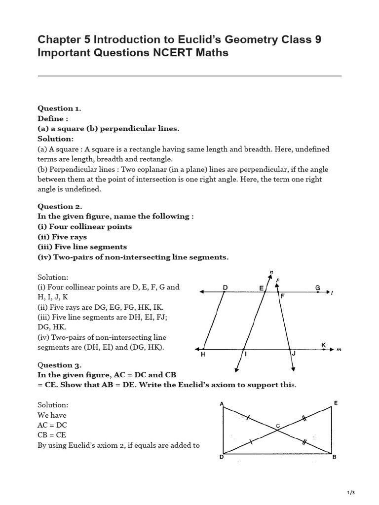 Important Question Cbse Class 9 Maths Chapter 5 Introduction To Euclids Geometry | PDF | Line ...
