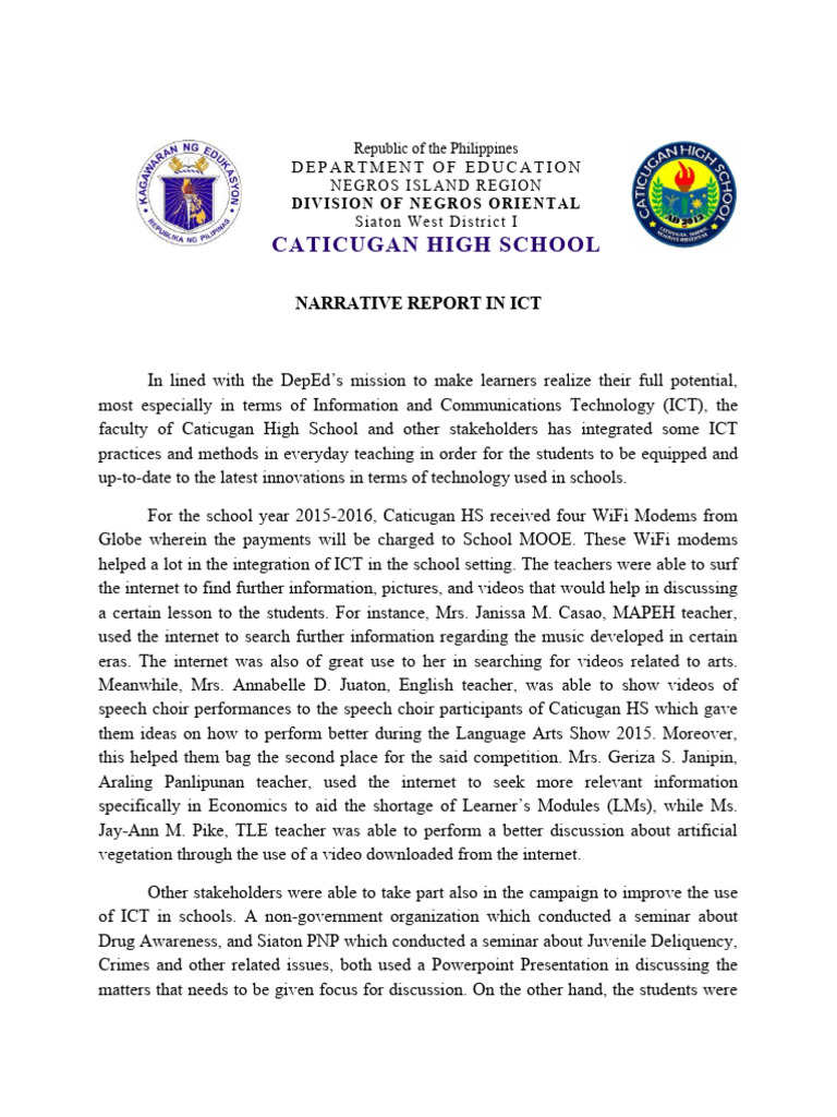 NARRATIVE REPORT IN ICT | PDF | Information And Communications Technology | Human Communication