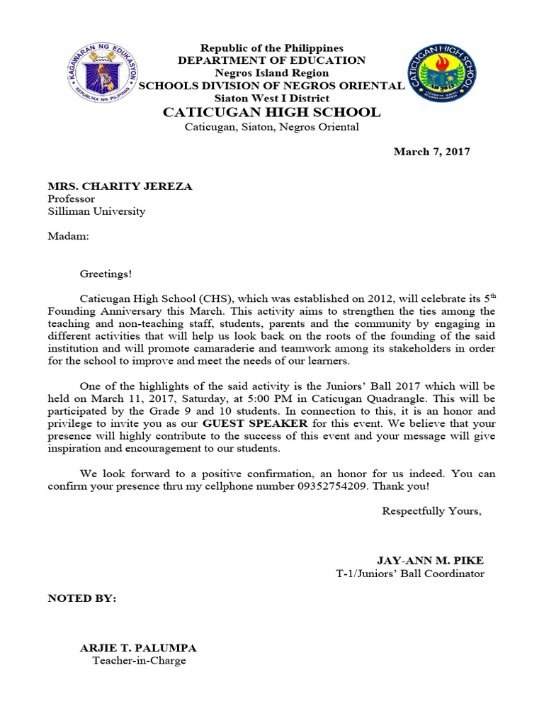 Caticugan High School 5th Anniversary Celebration Invitation | PDF