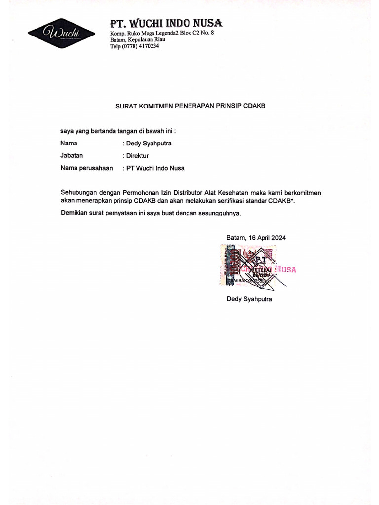Surat Komitmen Penerapan Prinsip Cdakb | PDF