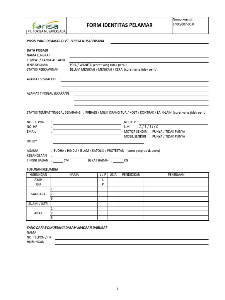 Form Identitas Pelamar | PDF