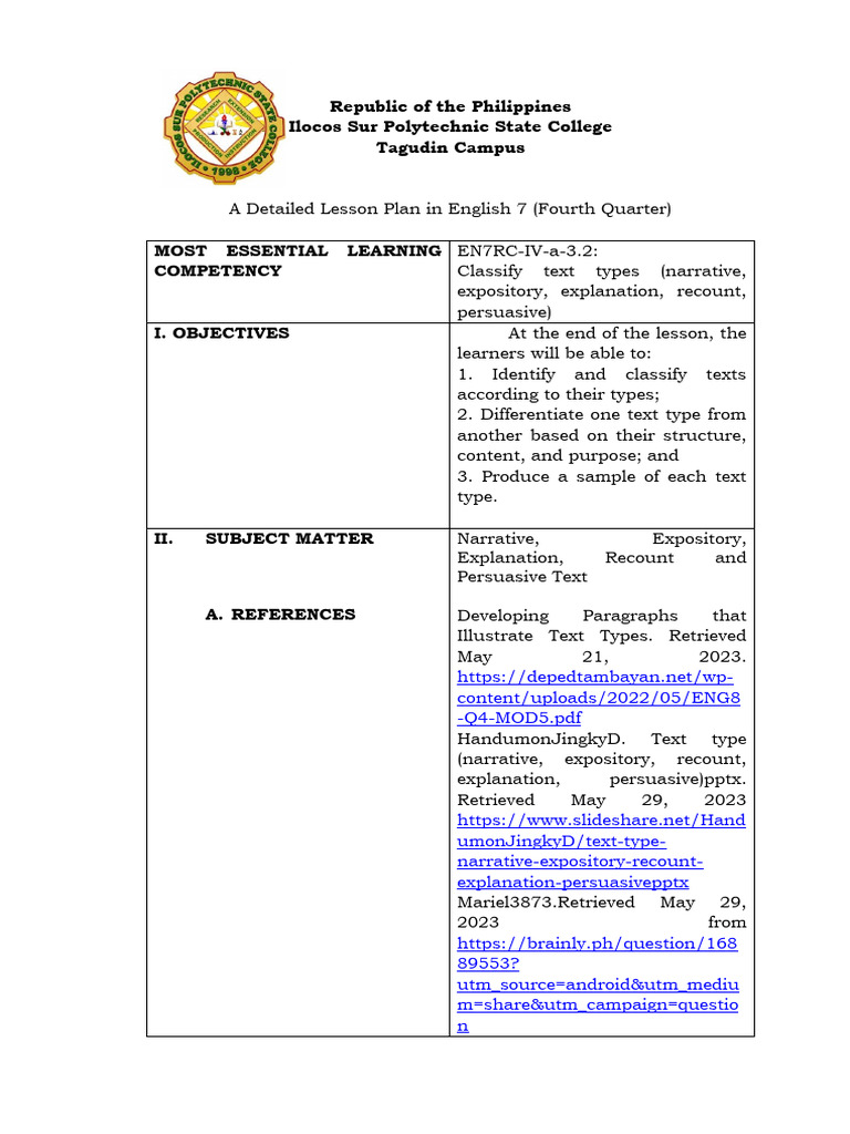 English 7 Text Types Lesson Plan | PDF | Narrative | Second Language
