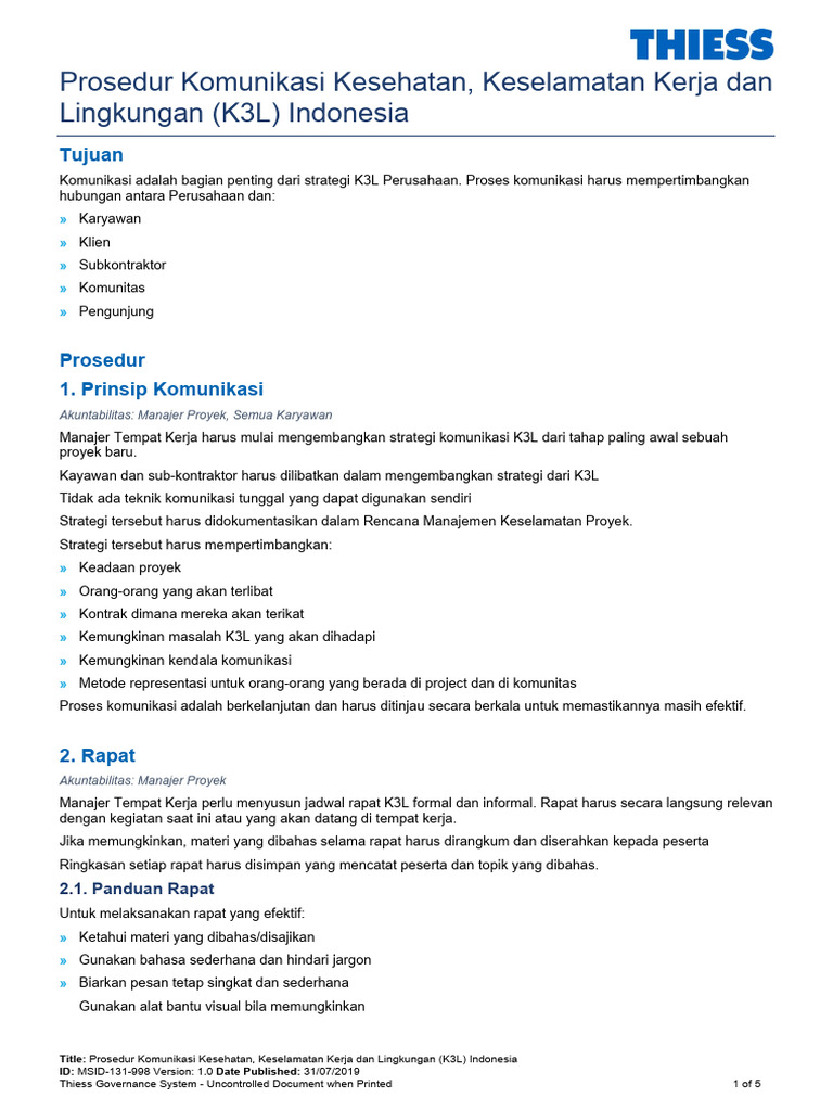 Prosedur Komunikasi Kesehatan, Keselamatan Kerja Dan Lingkungan (K3L ...