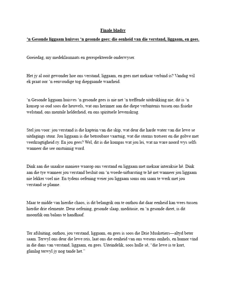 Finale Bladsy N Gesonde Liggaam Huisves N Gesonde Gees: Die Eenheid Van ...
