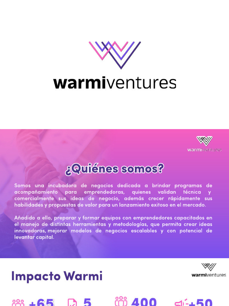Presentación Warmi Ventures - Español | PDF | Iniciativa empresarial | Pequeñas empresas y ...