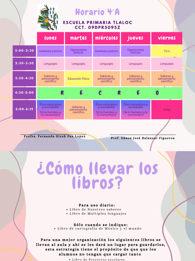 Horario y Organización de Libros 4°A | PDF