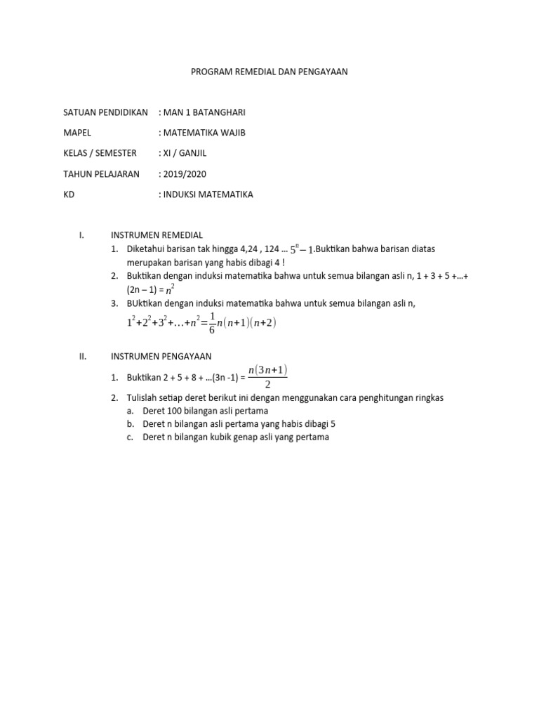 REMEDIAL DAN PENGAYAAN Induksi Matematika | PDF