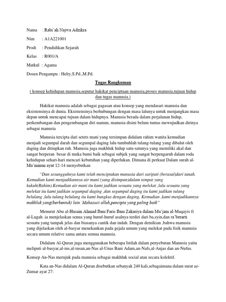 Rabi'ah Najwa Adzikra A1a221001 (Rangkuman Mata Kuliah Agama Penciptaan Manusia Dalam Al-Quran ...