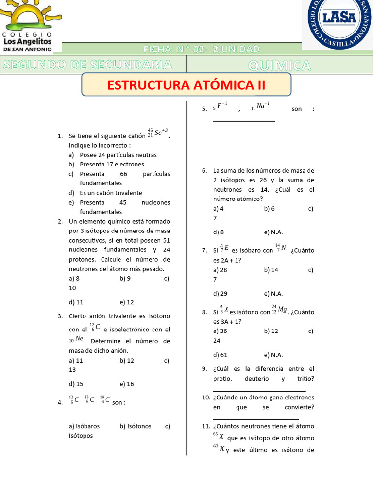FICHA N°2- UNIDAD 2 QUIMICA- SEGUNDO SEC | PDF | Isótopo | Neutrón