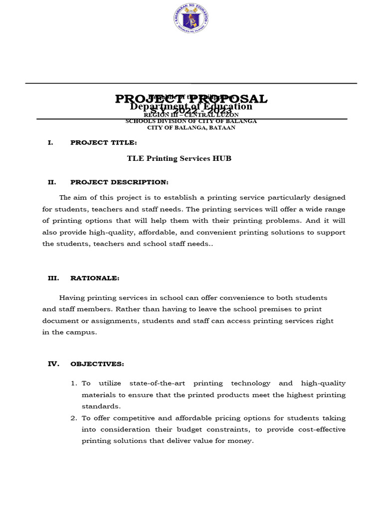 Project Proposal For Printing Services - 2022-2023 | PDF | Printer ...