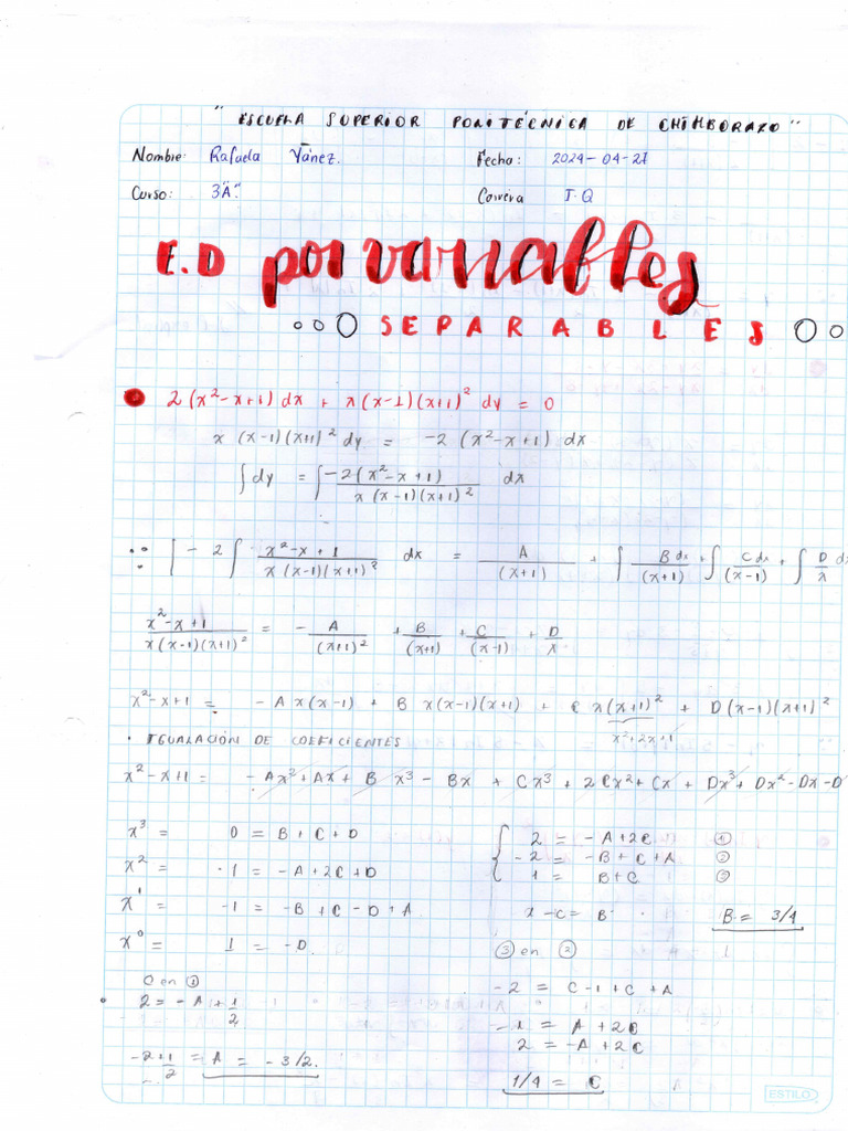 Tarea 1-1 Ecuaciones Diferenciales Por Variables Separables - Yánez Rafaela | PDF