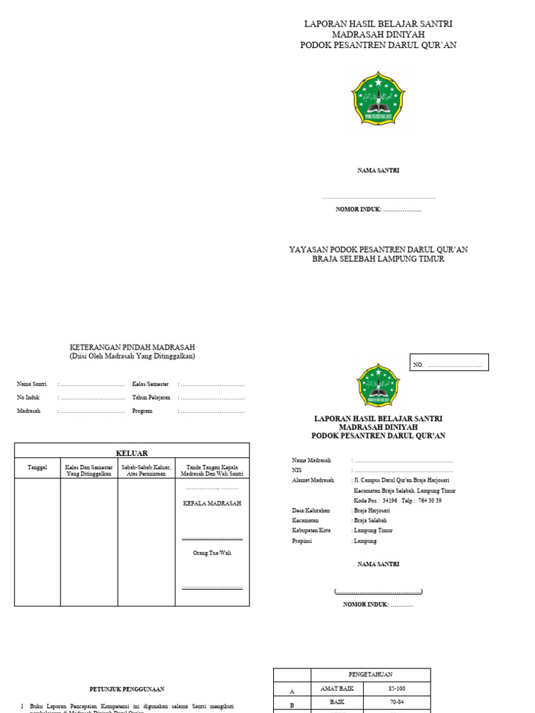 CONTOH RAPOT Pondok | PDF