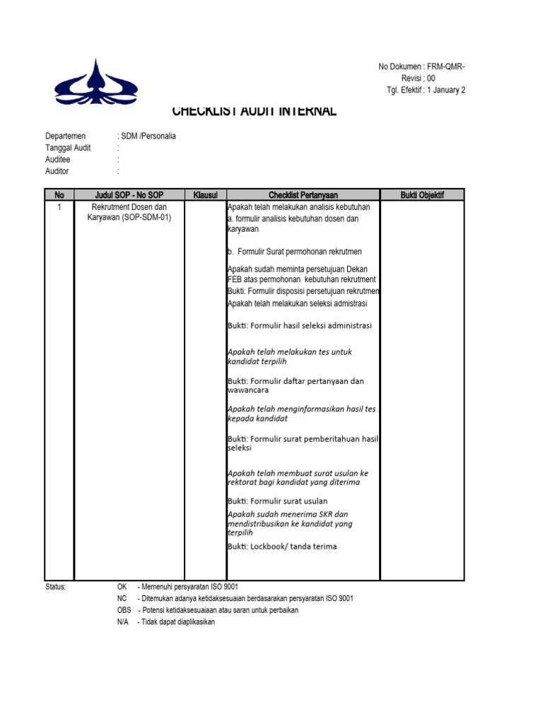 Form Ceklist Audit Internal SDM | PDF