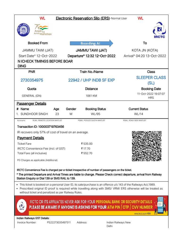 Uhp Indb SF Exp Sleeper Class (SL) : WL Electronic Reservation Slip (ERS) WL | PDF | Identity ...