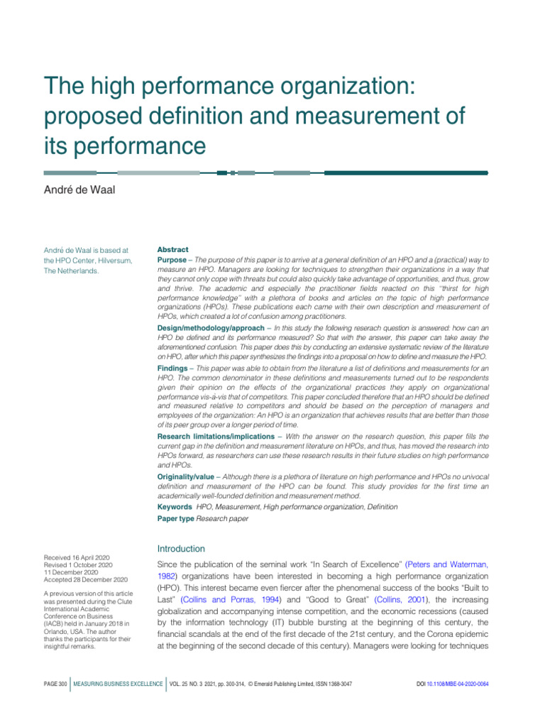 Defining and Measuring High Performance Organizations | PDF ...