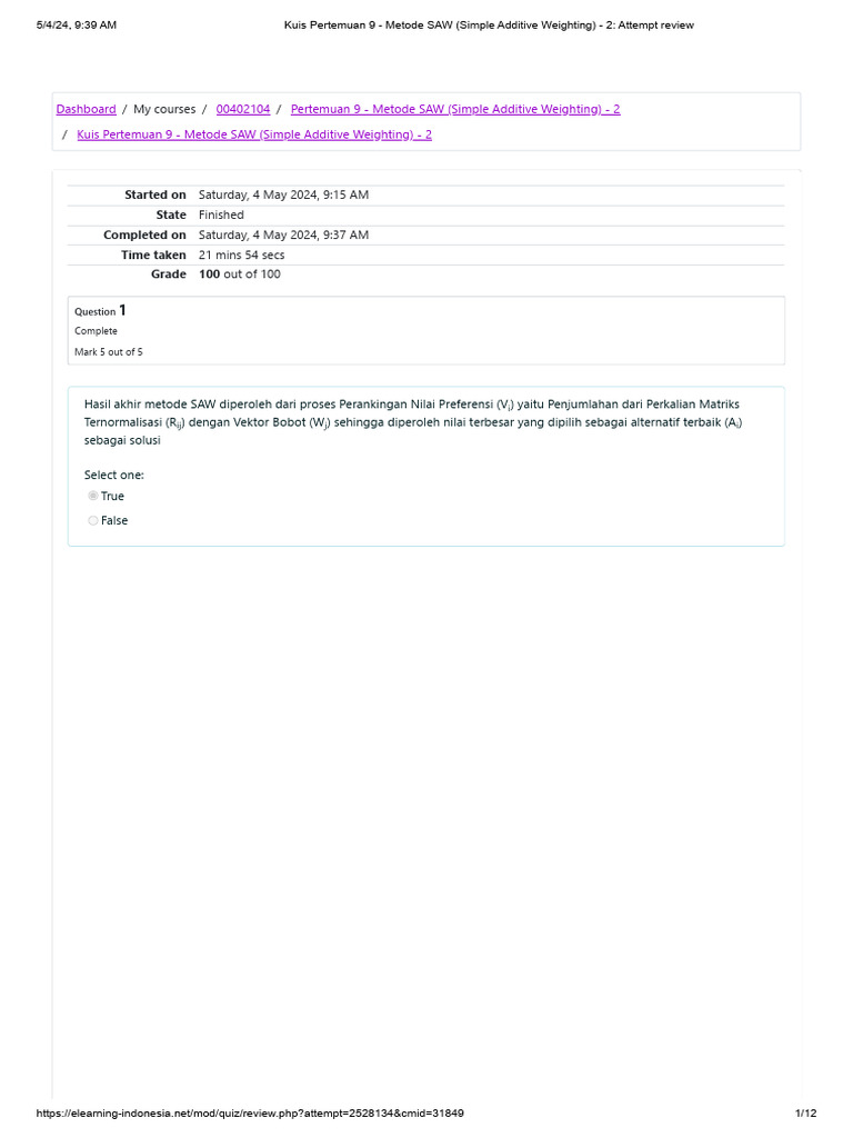 Kuis Pertemuan 9 - Metode SAW (Simple Additive Weighting) - 2 - Attempt Review | PDF