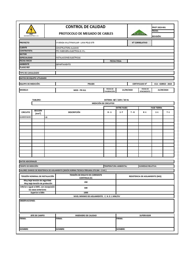 PROTOCOLO DE MEGADO DE CABLES | PDF | Resistencia Eléctrica y ...