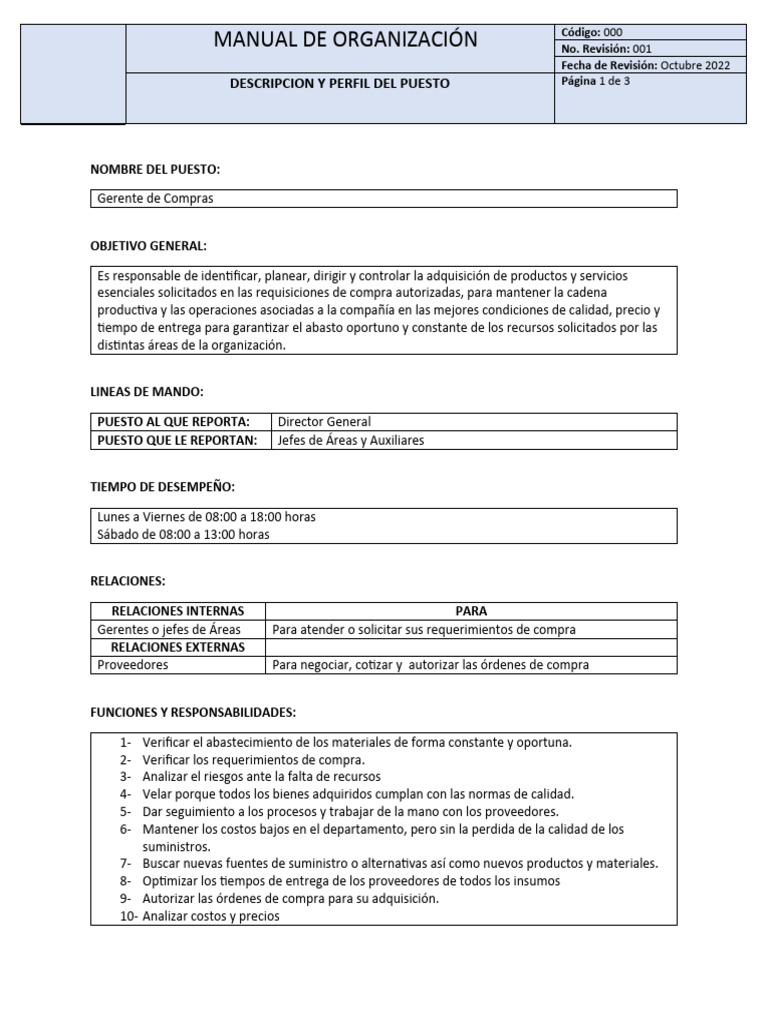 PERFIL DE PUESTO Gerente de Compras | Descargar gratis PDF | Logística ...