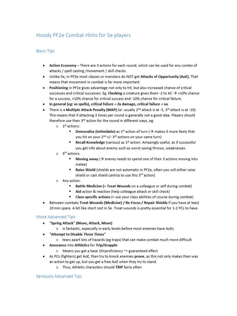 Hoody PF2e Combat Hints For 5e Players | PDF