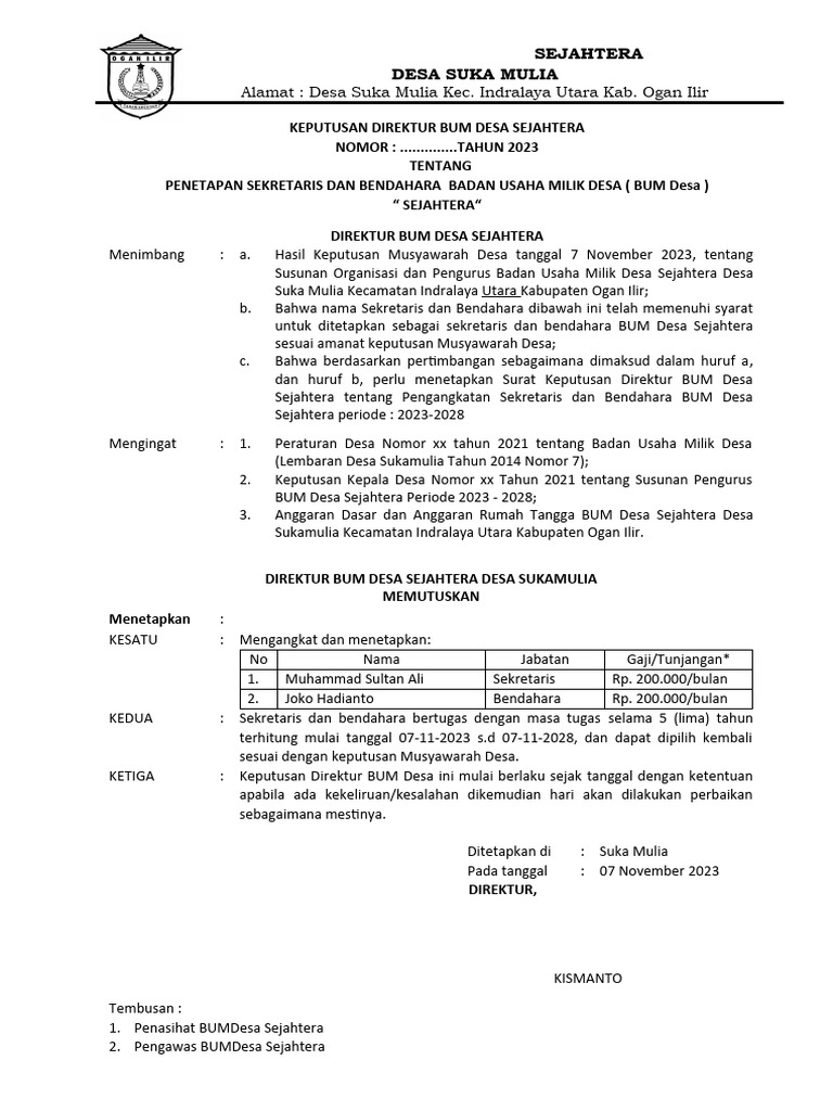 SK Sekretaris Dan Bendahara Bumdes-1 | PDF