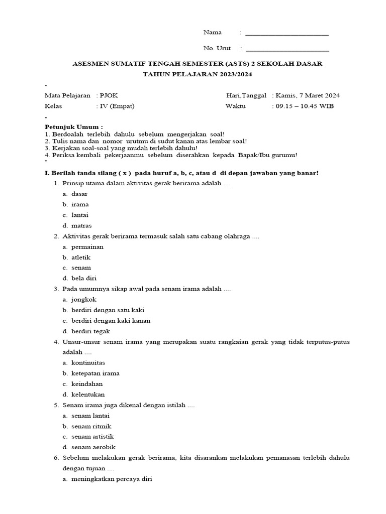 Soal PTS Pjok KLS 4 SMT 2 | PDF | Seni & Disiplin Bahasa | Kajian Bahasa Asing