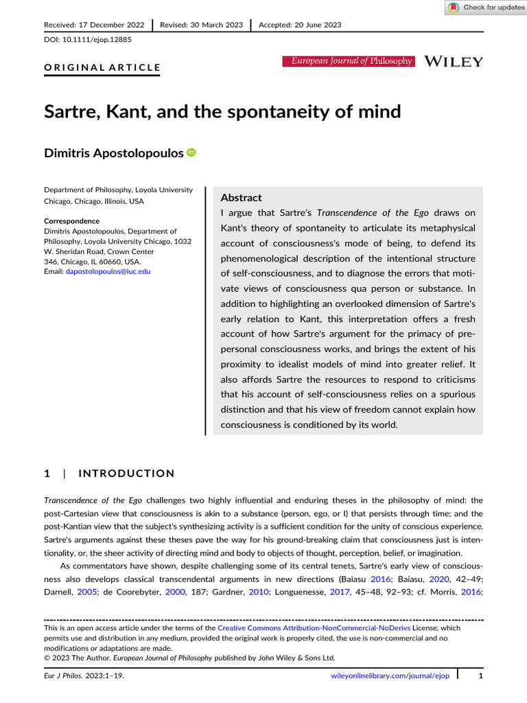 Sartre, Kant, and The Spontaneity of Mind | PDF | Transcendence ...