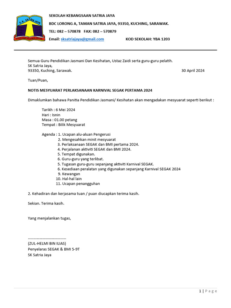 Notis Mesyuarat Karnival Segak Pertama 2024 | PDF