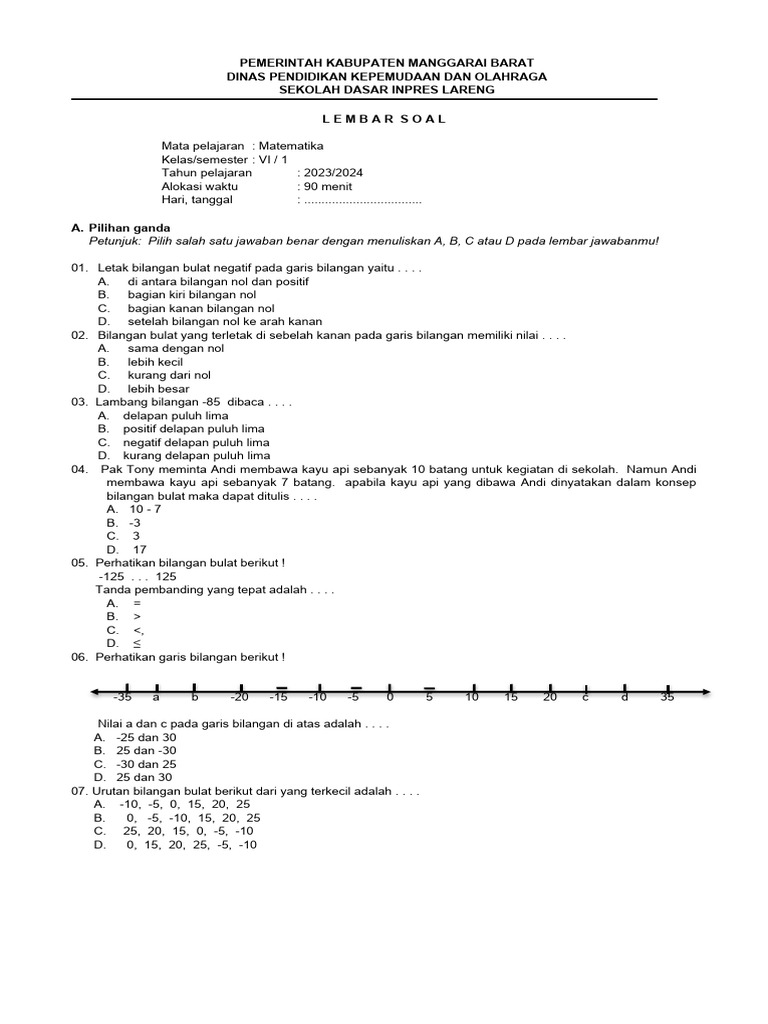 SOAL PTS MATEMATIKA KELAS VI Semester 1 | PDF
