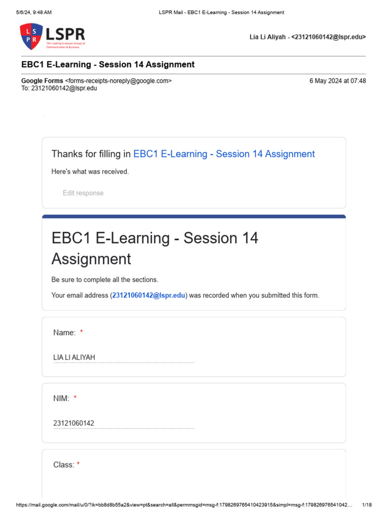 LSPR Mail - EBC1 E-Learning - Session 14 Assignment | PDF