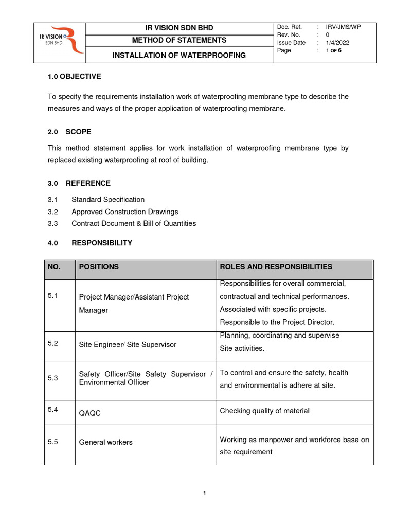Method Statement Waterproofing | PDF | Grinding (Abrasive Cutting) | Personal Protective Equipment