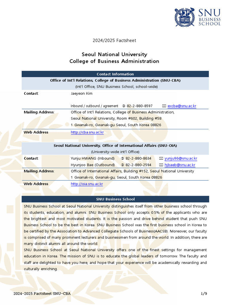 첨부1. Fact Sheet - SNU Business School - 2024／25 | PDF | Master Of ...