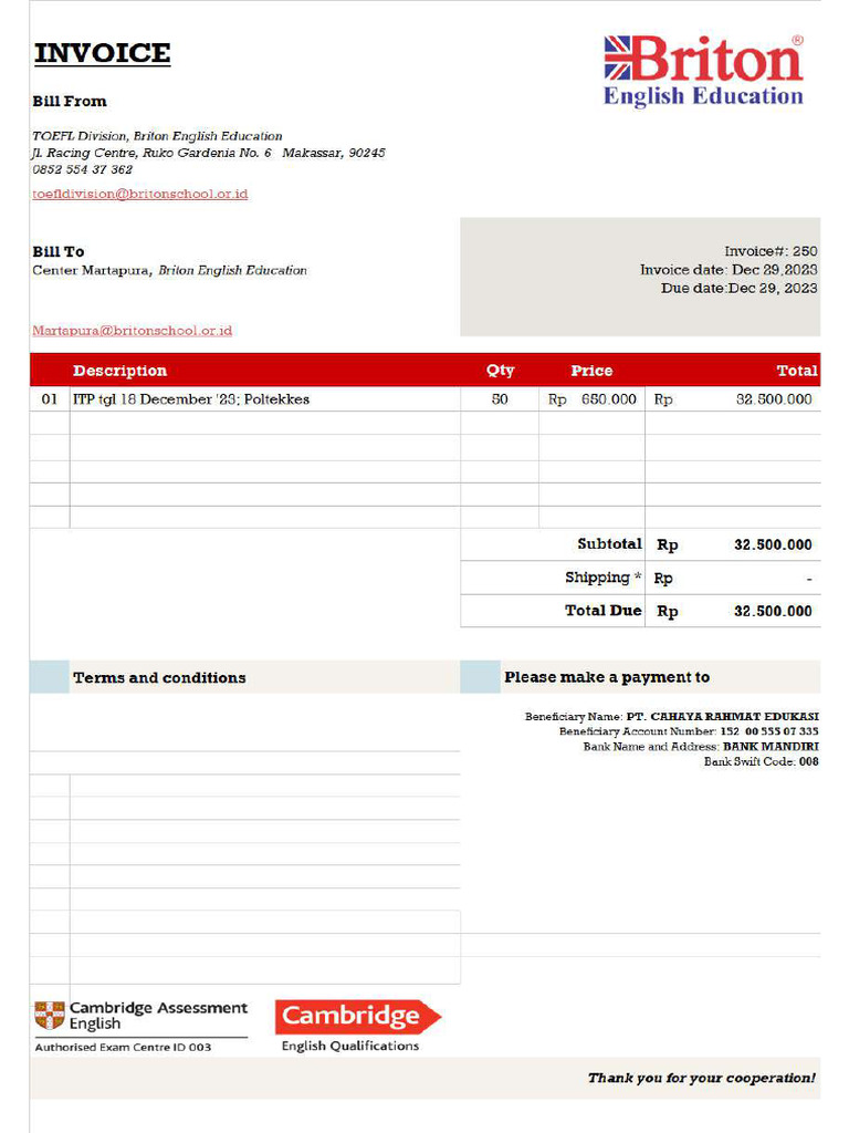 Inv. MTP 25 Nov Dan 18 Des 2023 | PDF