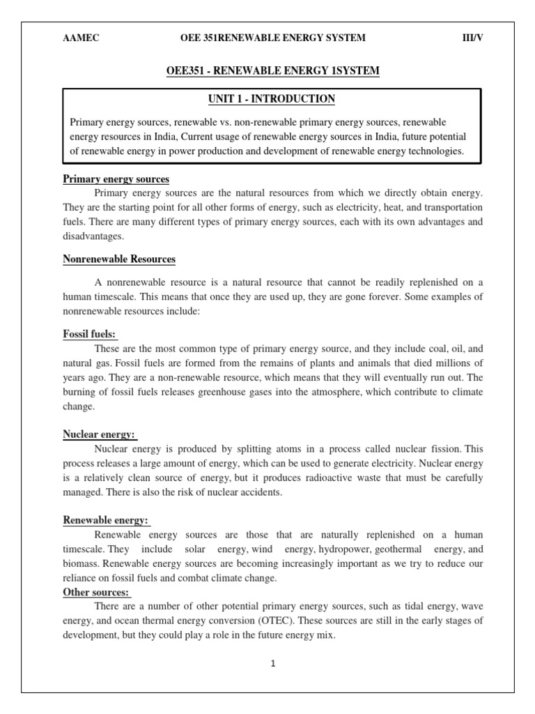 Oee351 Unit 1 III Cse | PDF | Renewable Energy | Energy Development