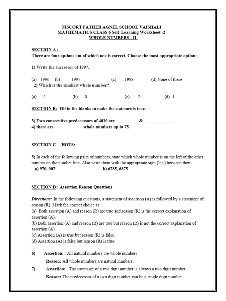 CLASS 6 WORKSHEET CHAPTER 2 and 4 | PDF | Mathematics