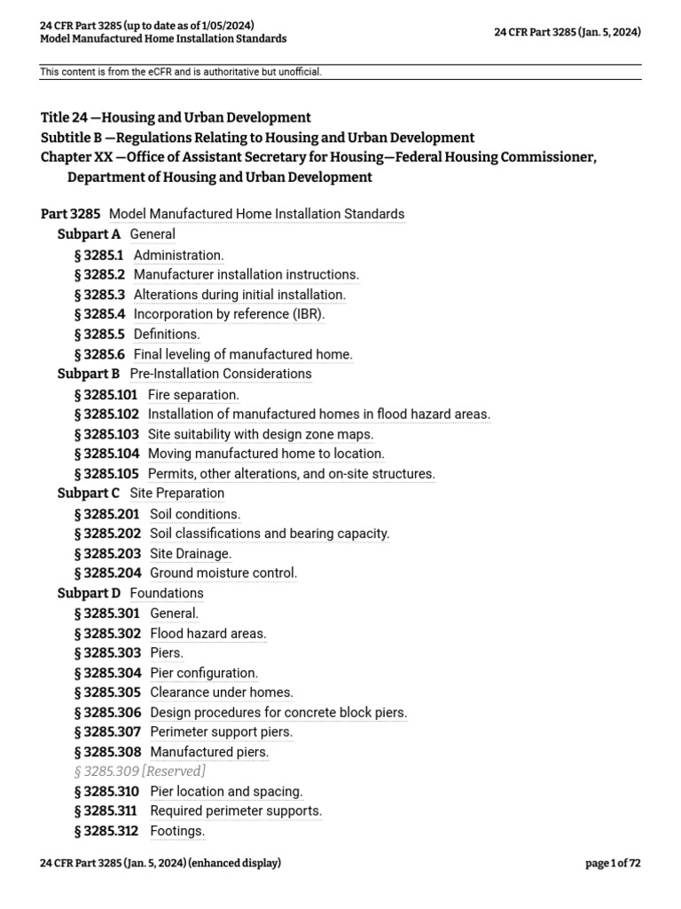 24 CFR Part 3285 (Up To Date As of 1-05-2024) | PDF | Drainage