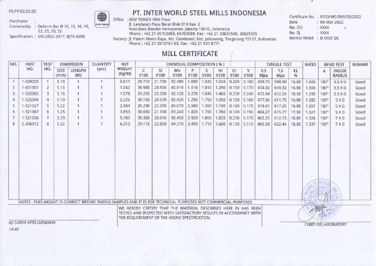 Mill Certificate BJTS 420B S.10-S.32 | PDF