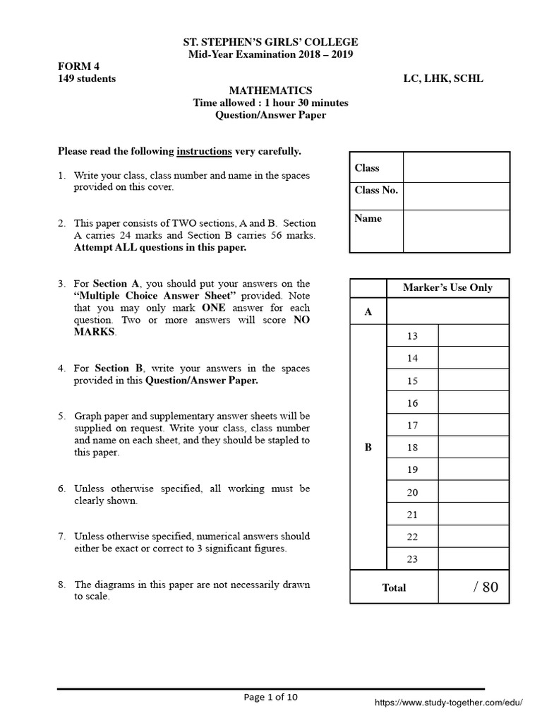 ST Stephen Girls College F4 Maths Core 18 19 Mid Year Exam | PDF ...
