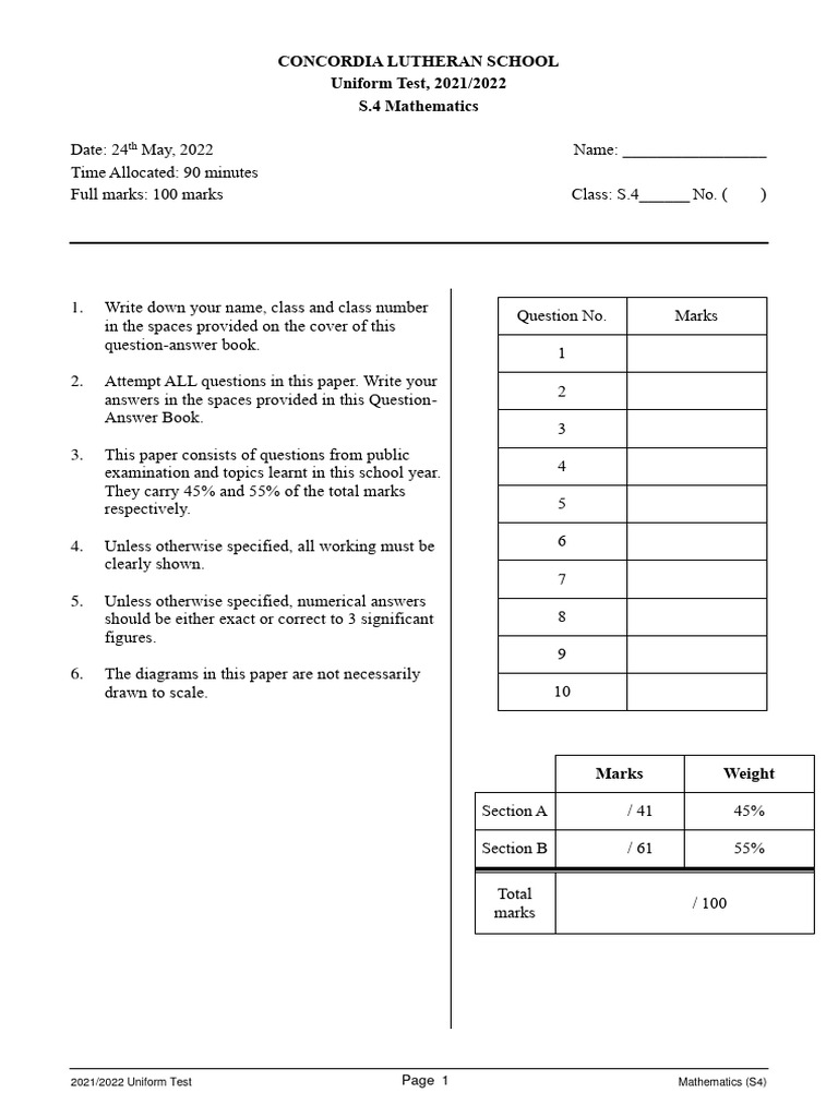 2021-2022 S4 UT2 Math (Eng) | Download Free PDF | Equations | Arithmetic