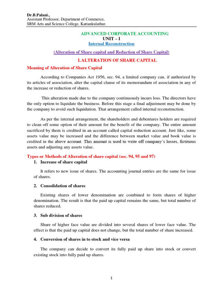 Corp Acc. Unit - 1 Alteration of Share Capital | PDF | Equity (Finance ...