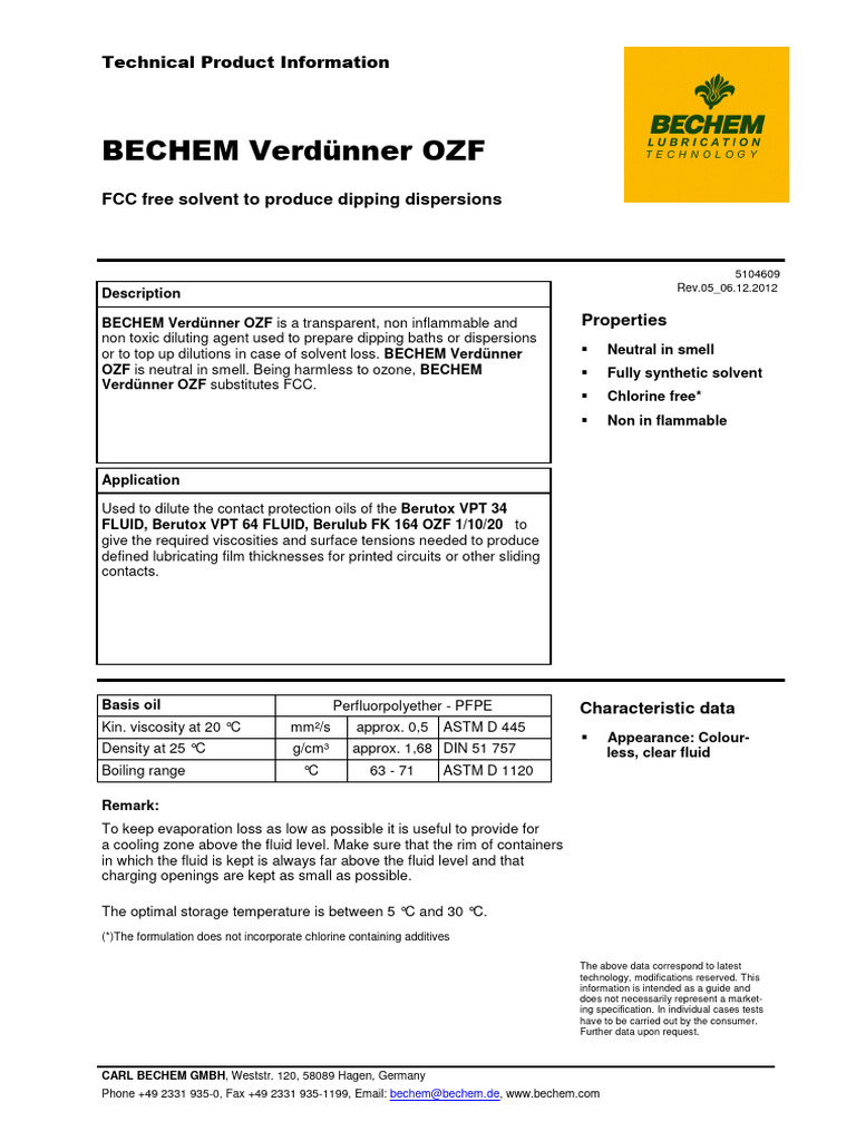 BECHEM Verdünner OZF | PDF | Viscosity | Solvent
