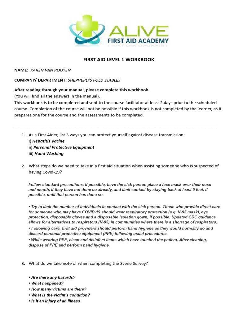 Alive First Aid Level 1 Workbook | PDF | Burn | First Aid