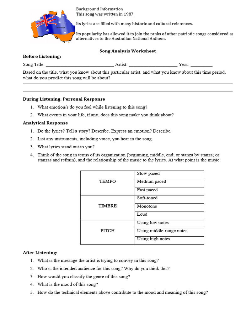 Song Analysis Worksheet Template | PDF