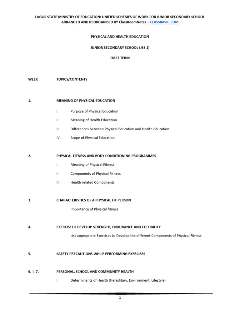 JSS1 Physical Education First Term Plan | PDF | Nutrition | Diet ...