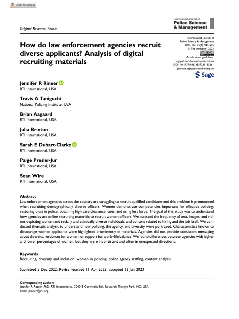 Rineer Et Al 2023 How Do Law Enforcement Agencies Recruit Diverse ... Rineer Et Al 2023 How Do Law Enforcement Agencies Recruit Diverse ...