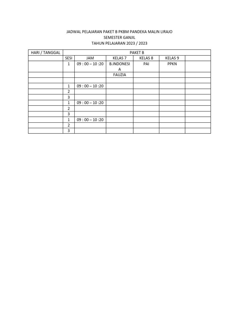 Jadwal Pelajaran Paket B PKBM Pandeka Malin Lirajo | PDF | Griya & Taman