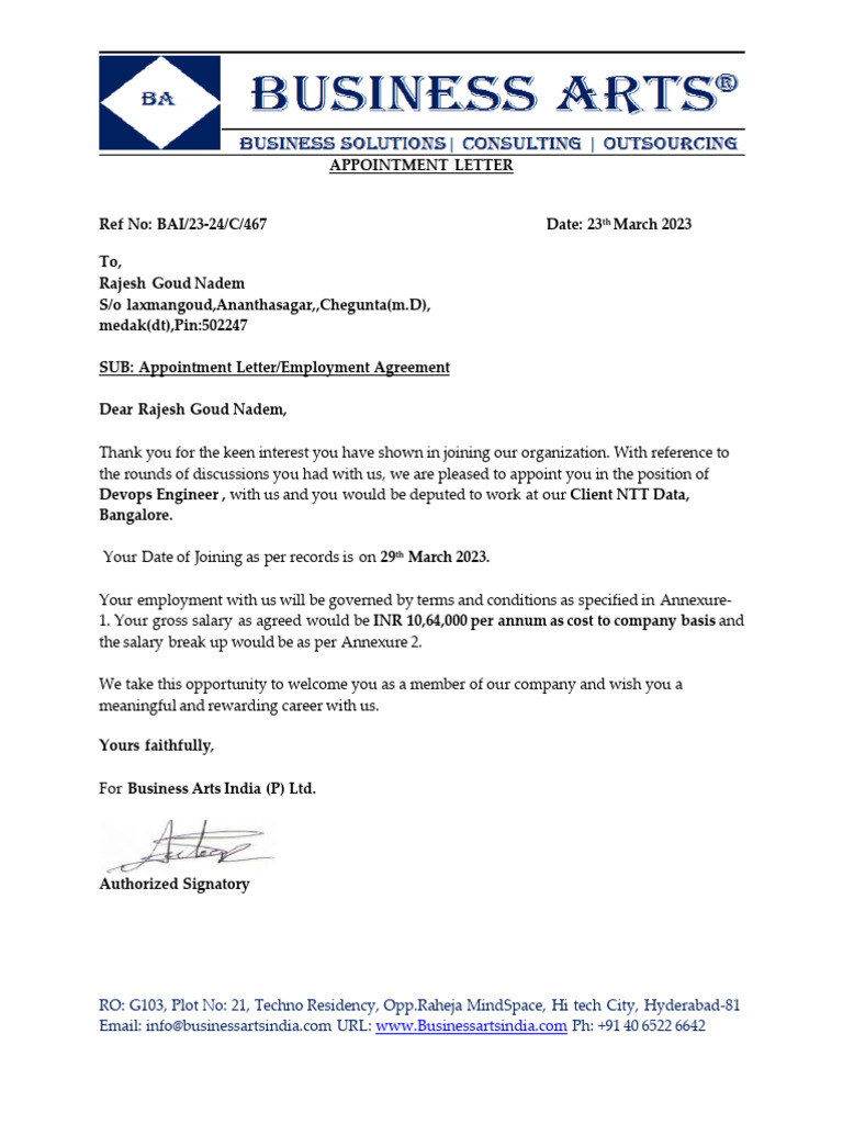 Appointment Letter Rajesh Goud Nadem | PDF | Business